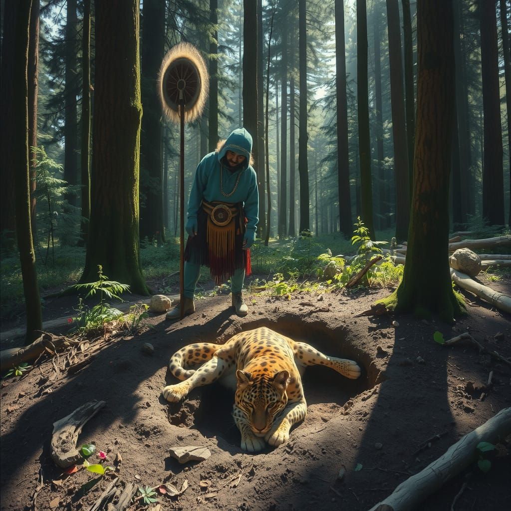 Blue Leopard Shaman Mourns Yellow Leopard Kin in F... - AI Art