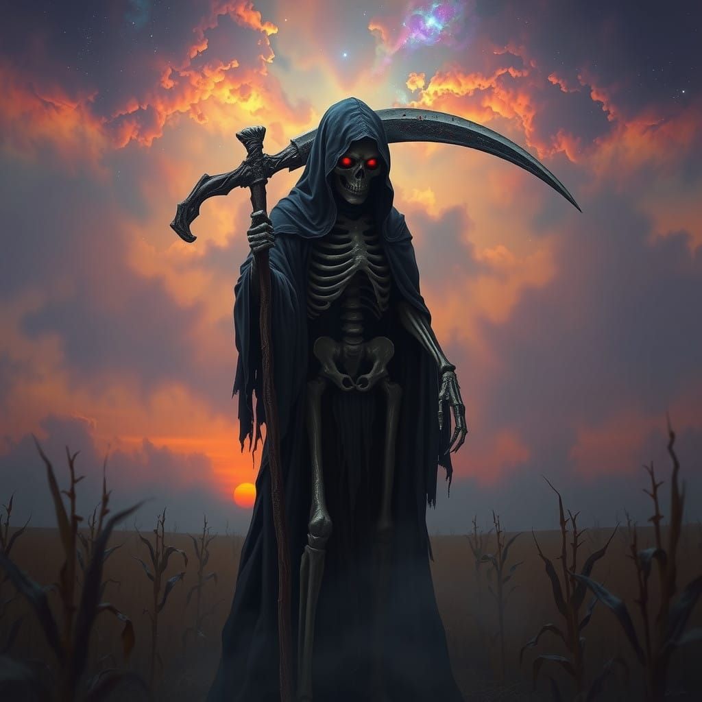 A skeletal figure, the Grim Reaper, emerges from a misty cornfield at ...