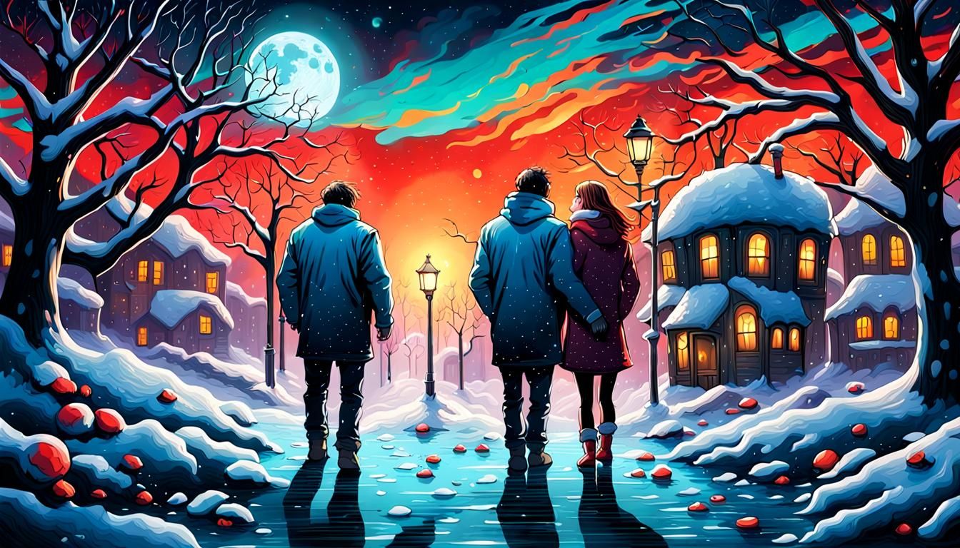 2 lovers on a cold frosty moonlit night graffiti art, splash art ...