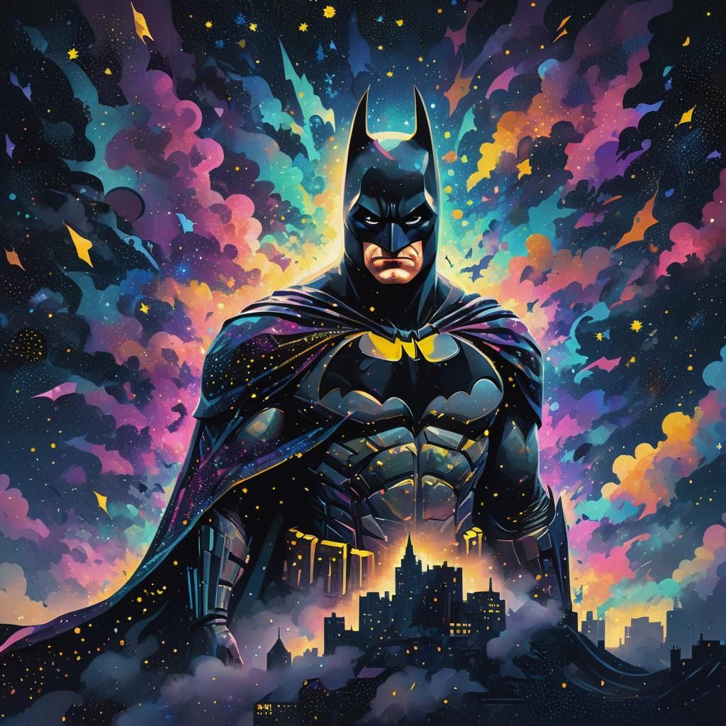 Batman breaks into geometric shapes under a starry night sky