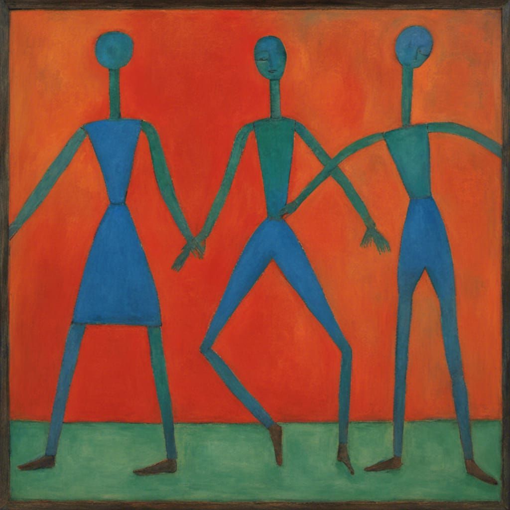 Klee, Giacometti elongated dancers, blue dresses, red sky, green floor ...