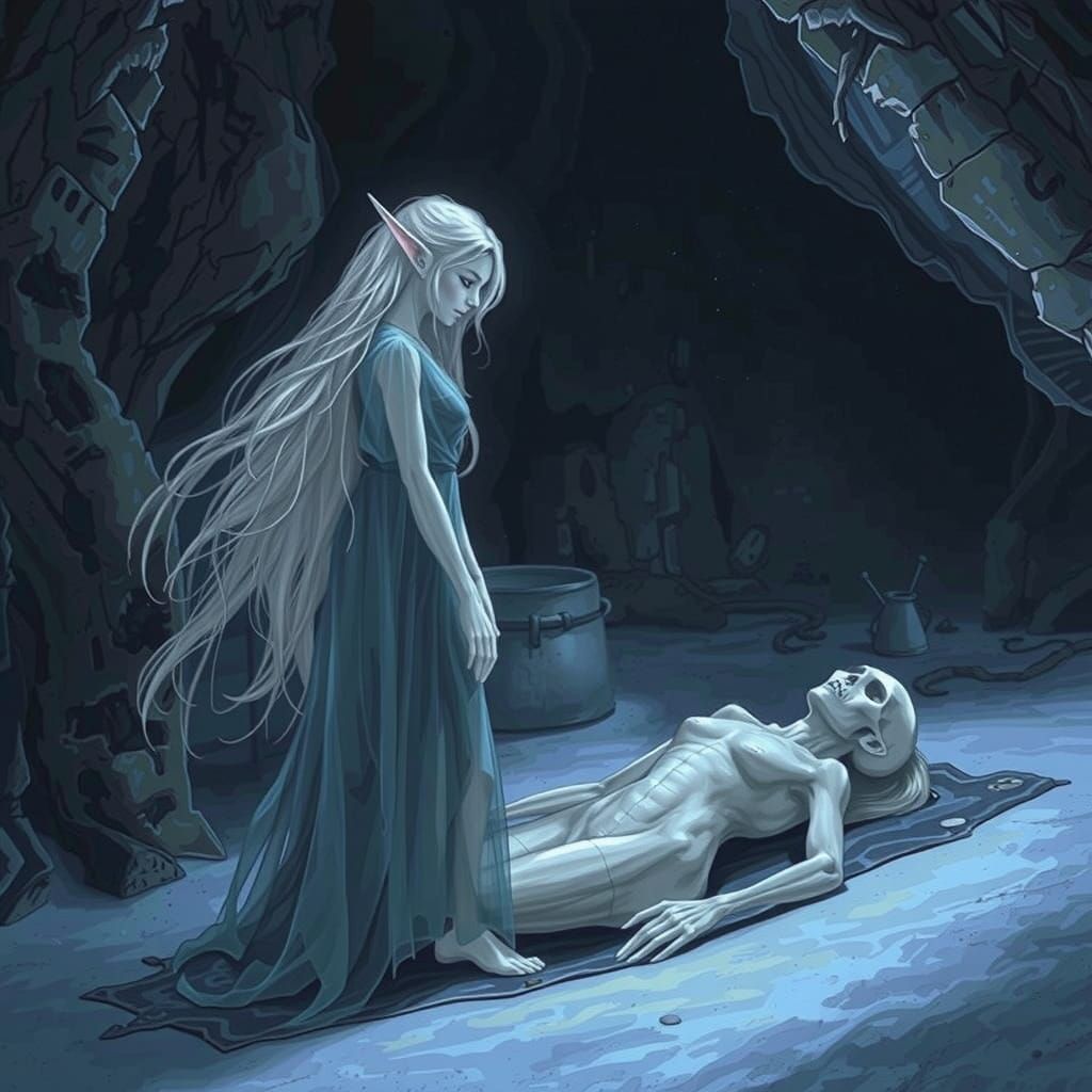Ethereal Elf Ghost in Cave Contemplates Her Skelet... - AI Art