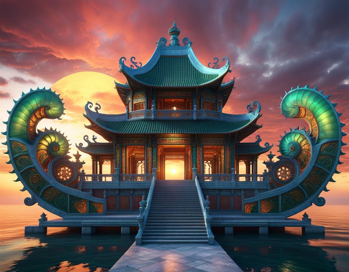 multicolor jade and marble asian palace, standing on the surface of the ...