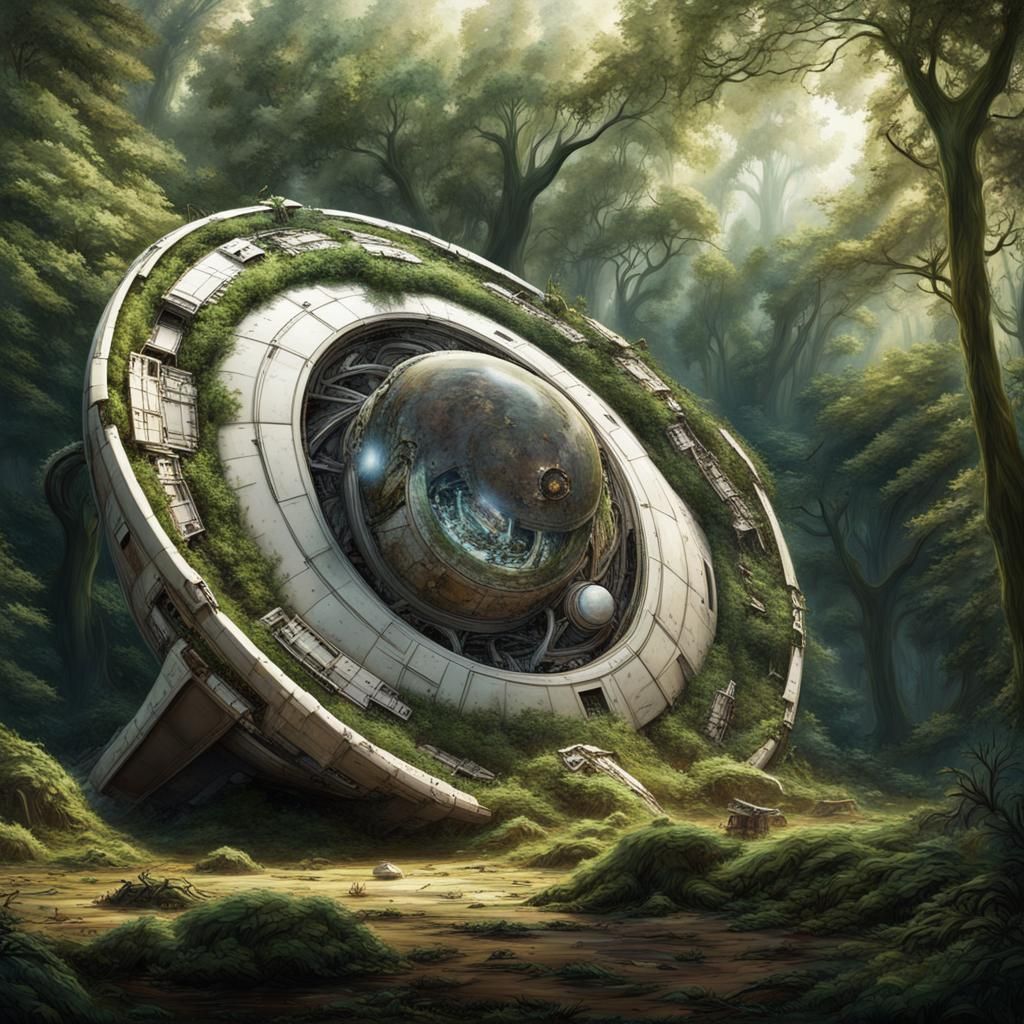 Imagine a scene where a futuristic circular spaceship has crash-landed in a dense forest area ...