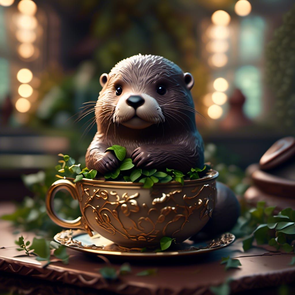 Photograph Fuzzy obese Otter pup with large cute flashing eyes sitting ...