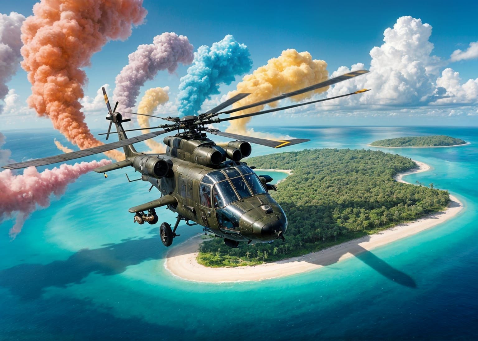 AH-64E Apache Guardian Helicopter, pacific sky, 4 blade main rotor, 4 blade tail rotor, black ...