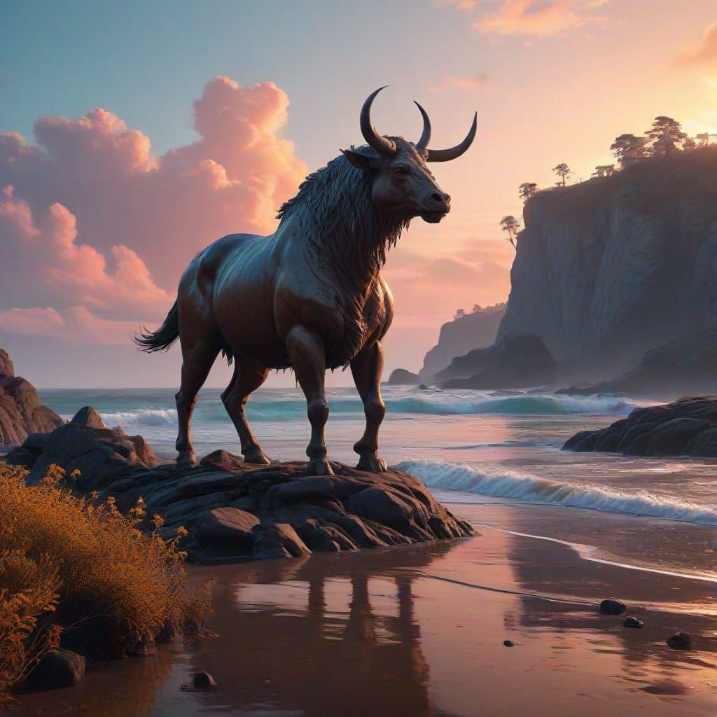 Mythical Minotaur Under Sundown Ocean Waves - AI Art