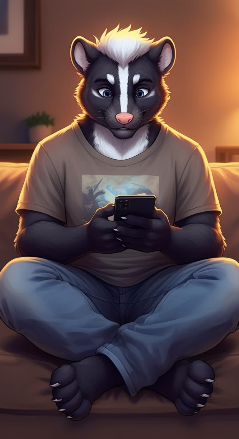 On the Phone - Anthropomorphic Skunk Watches Anime on Couch