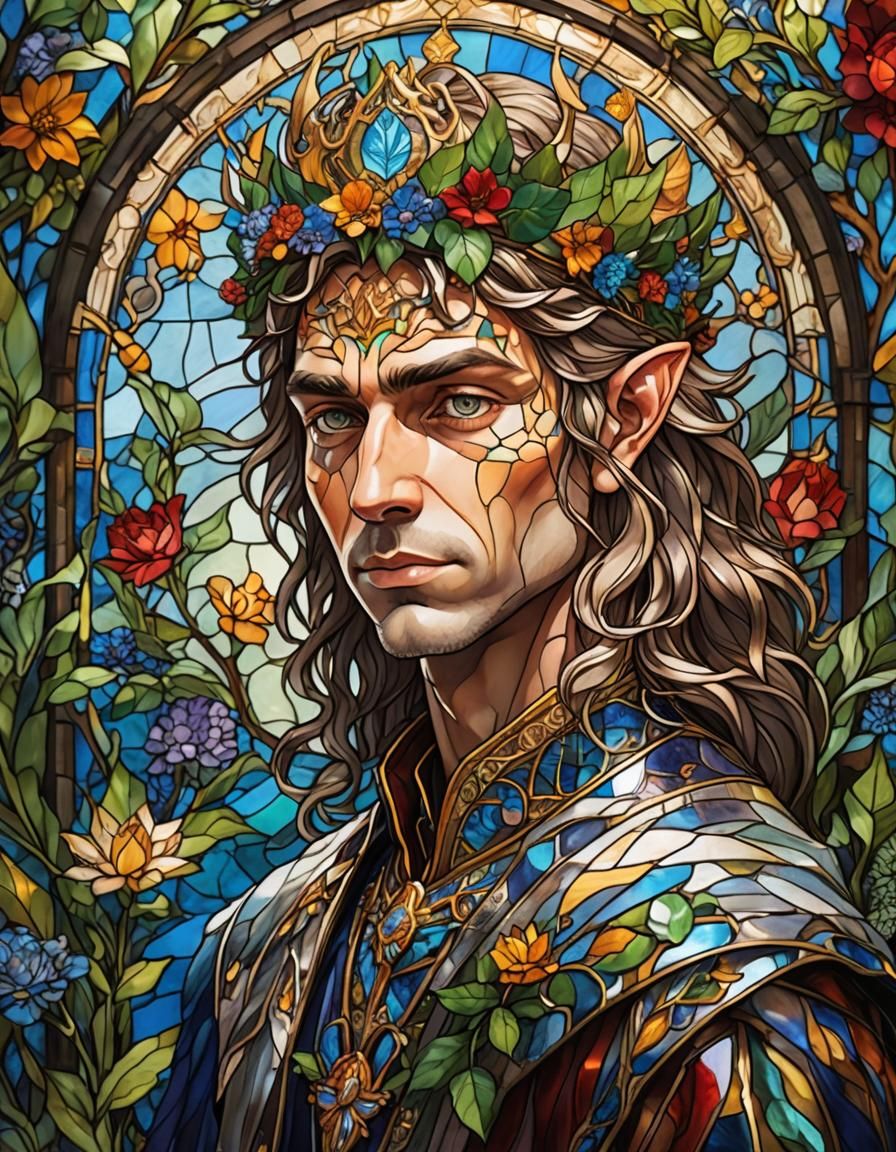 (intricately detailed stained glass portrait of a Elf king with wavy ...