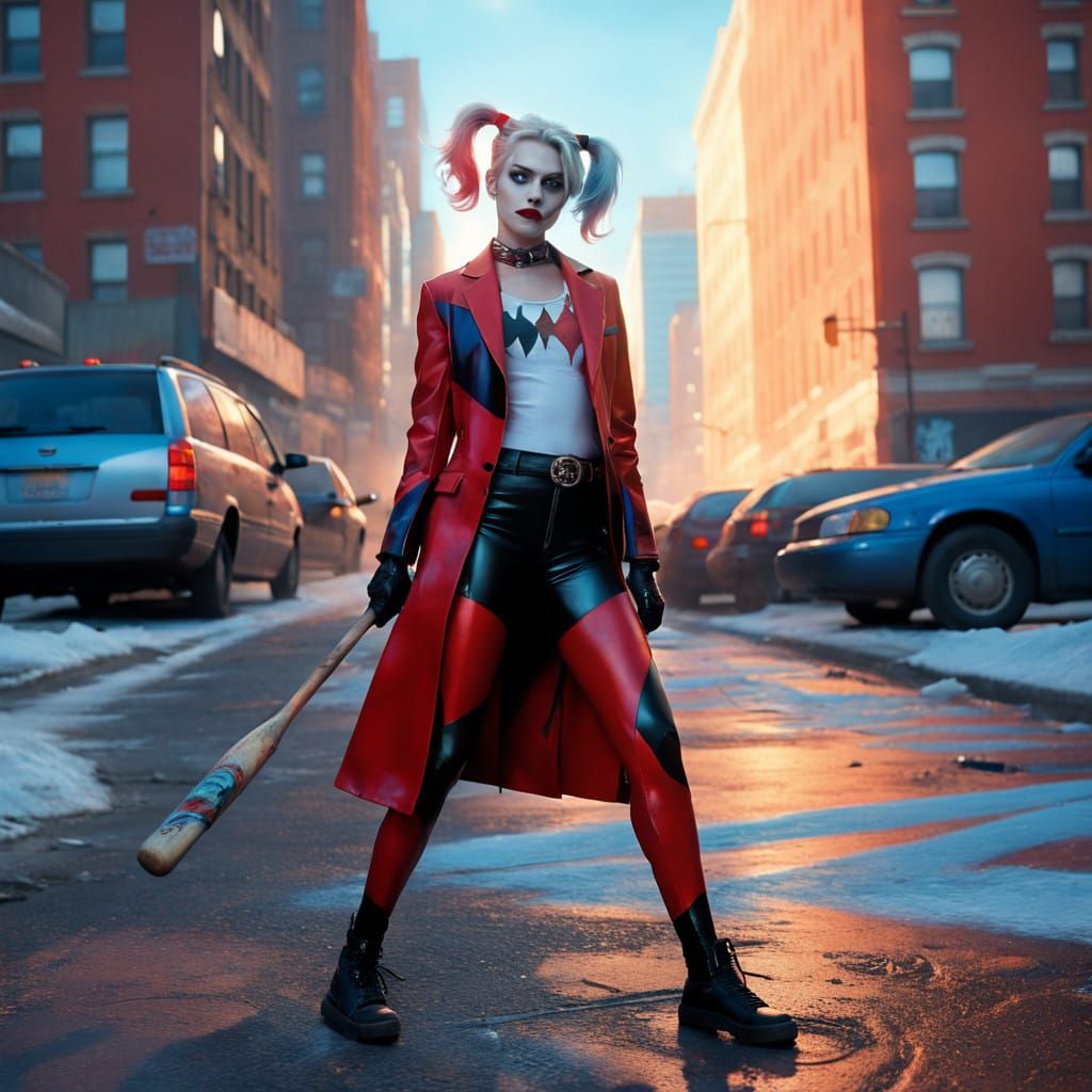 Extremely lovely harley quinn carrying a baseball bat on a city street ...