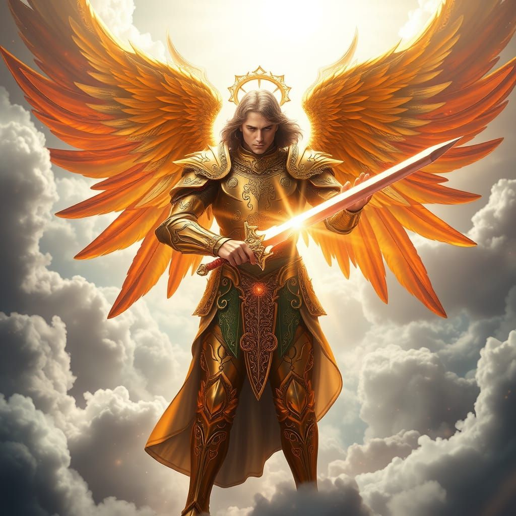 A powerful and radiant Archangel Michael with his sword