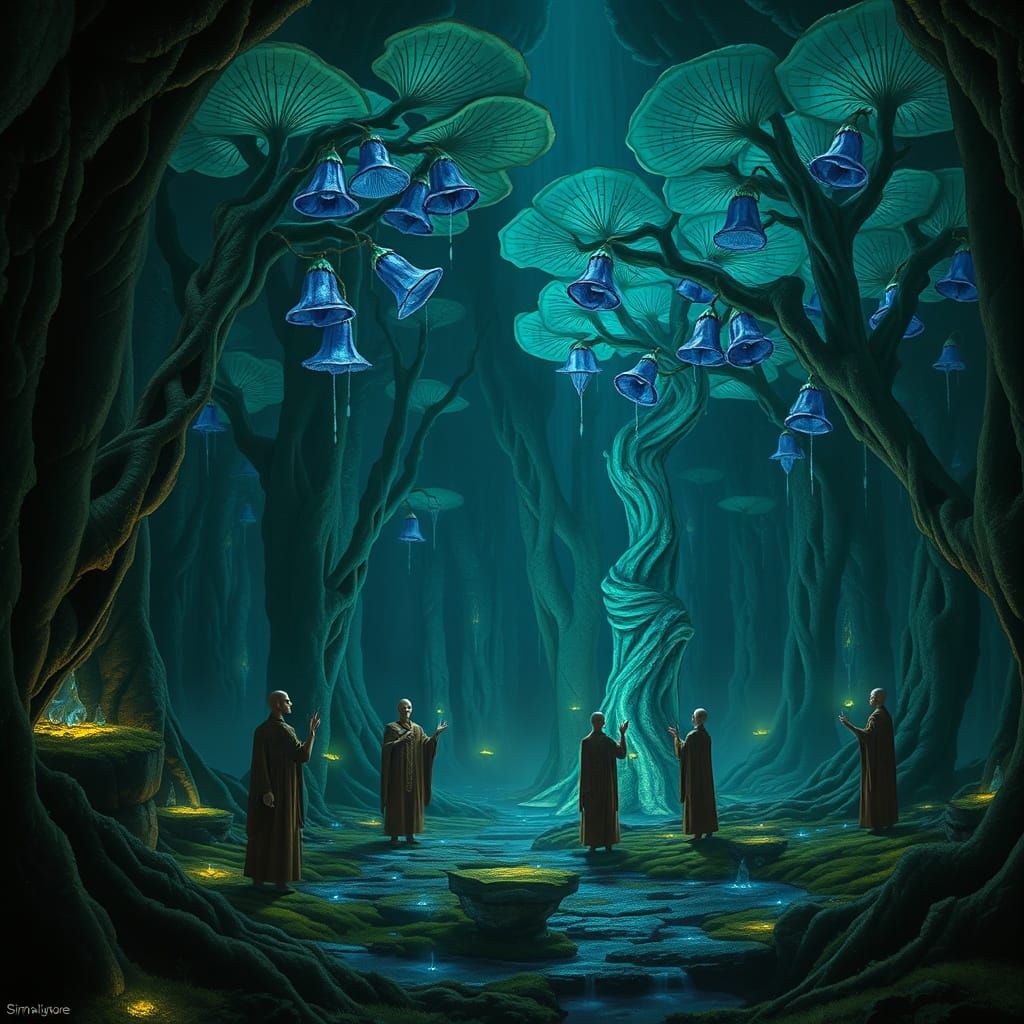 Bioluminescent Cavern with Glowing Trees and Mushr... - AI Art