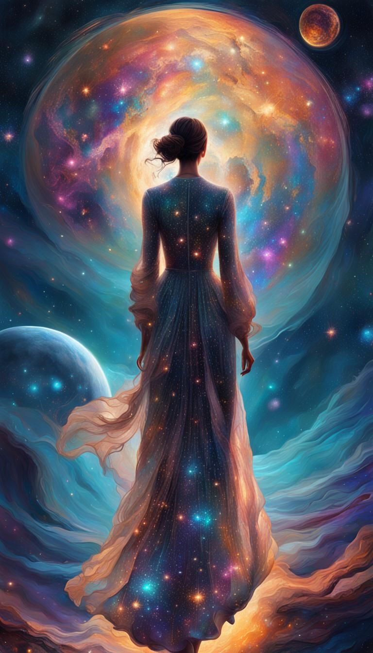 Woman feels this world, cosmic planet in the middle, woman in longest ...