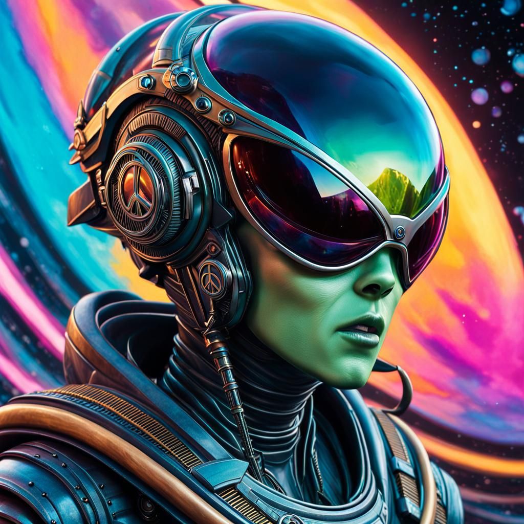 Double exposure of alien lofi scifi spacecraft and peace sign - AI ...