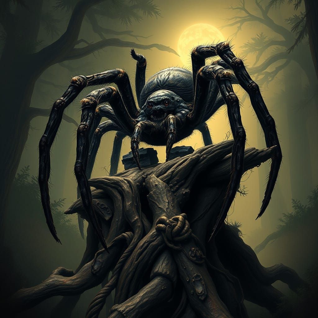 Giant Tarantula Dominates Primeval Forest in Dark,... - AI Art
