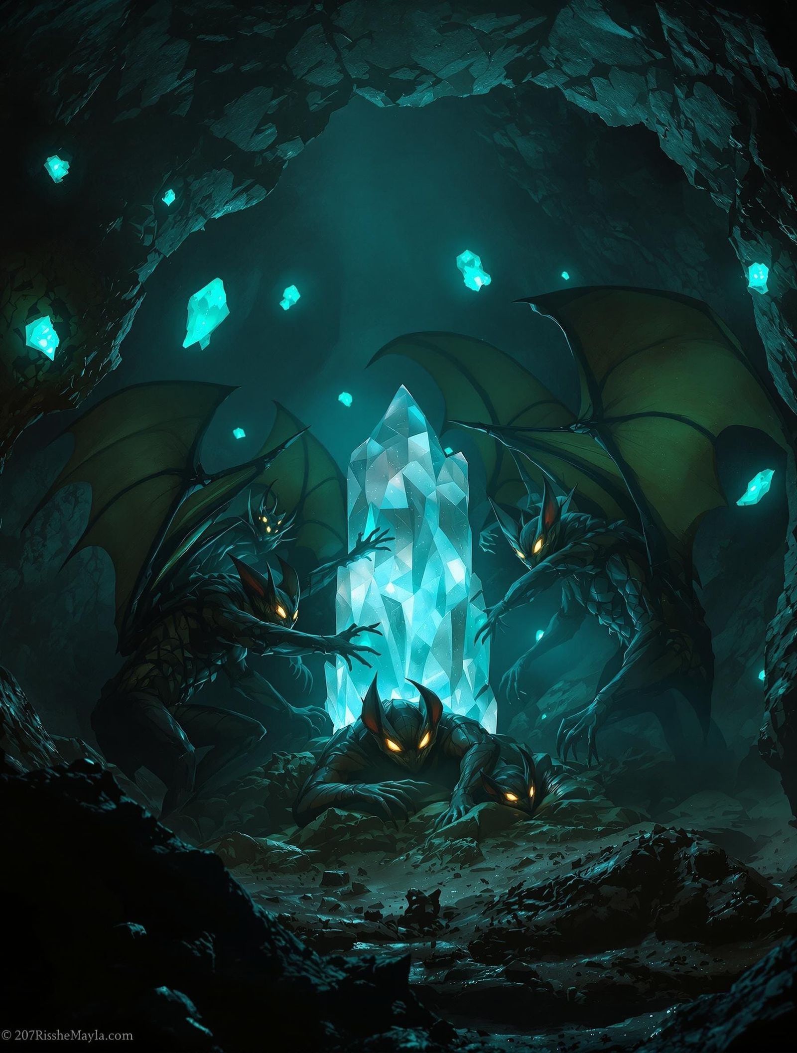 Humanoid bat creatures in ancient caves. Photorealistic. Bioluminecent ...