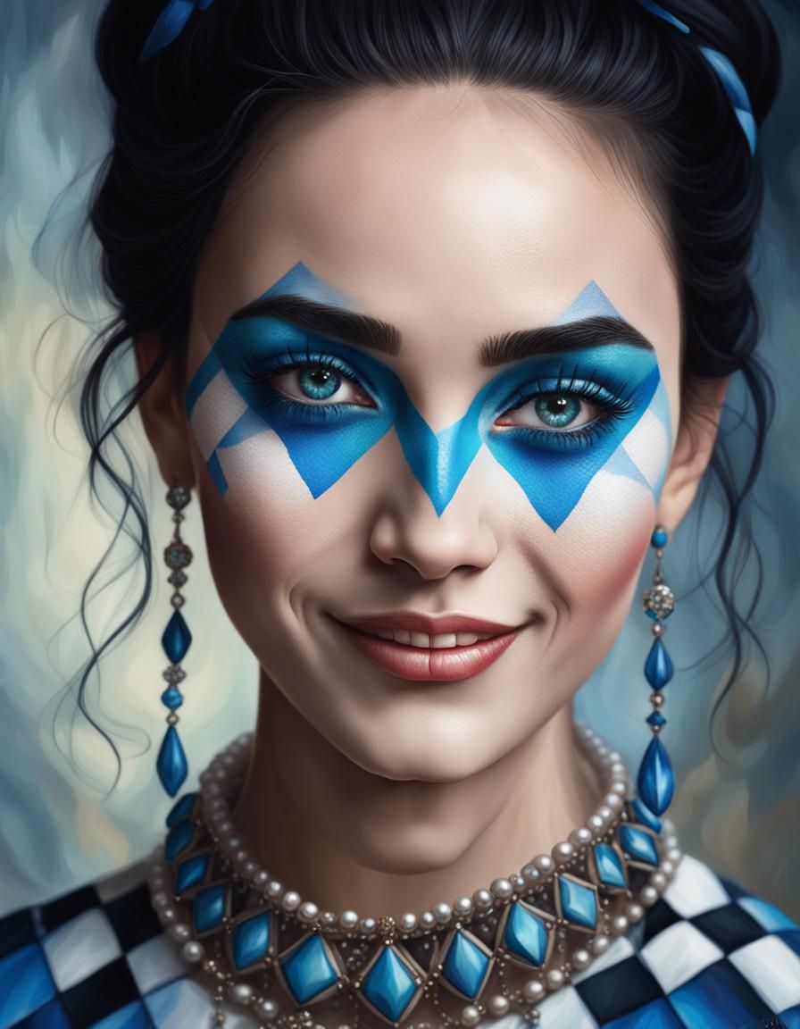Photo realistic beautiful woman with black hair and blue harlequin ...
