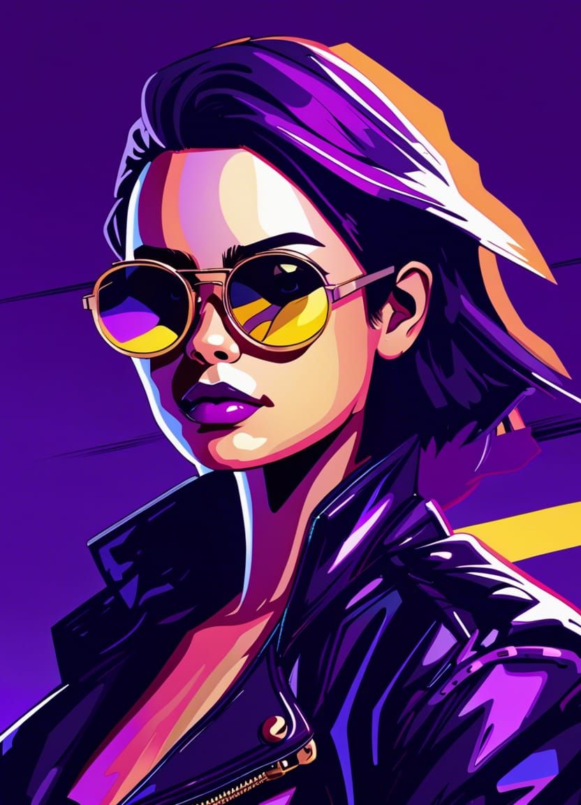 a girl wearing sunglasses and a leather jacket, in the style of crisp ...