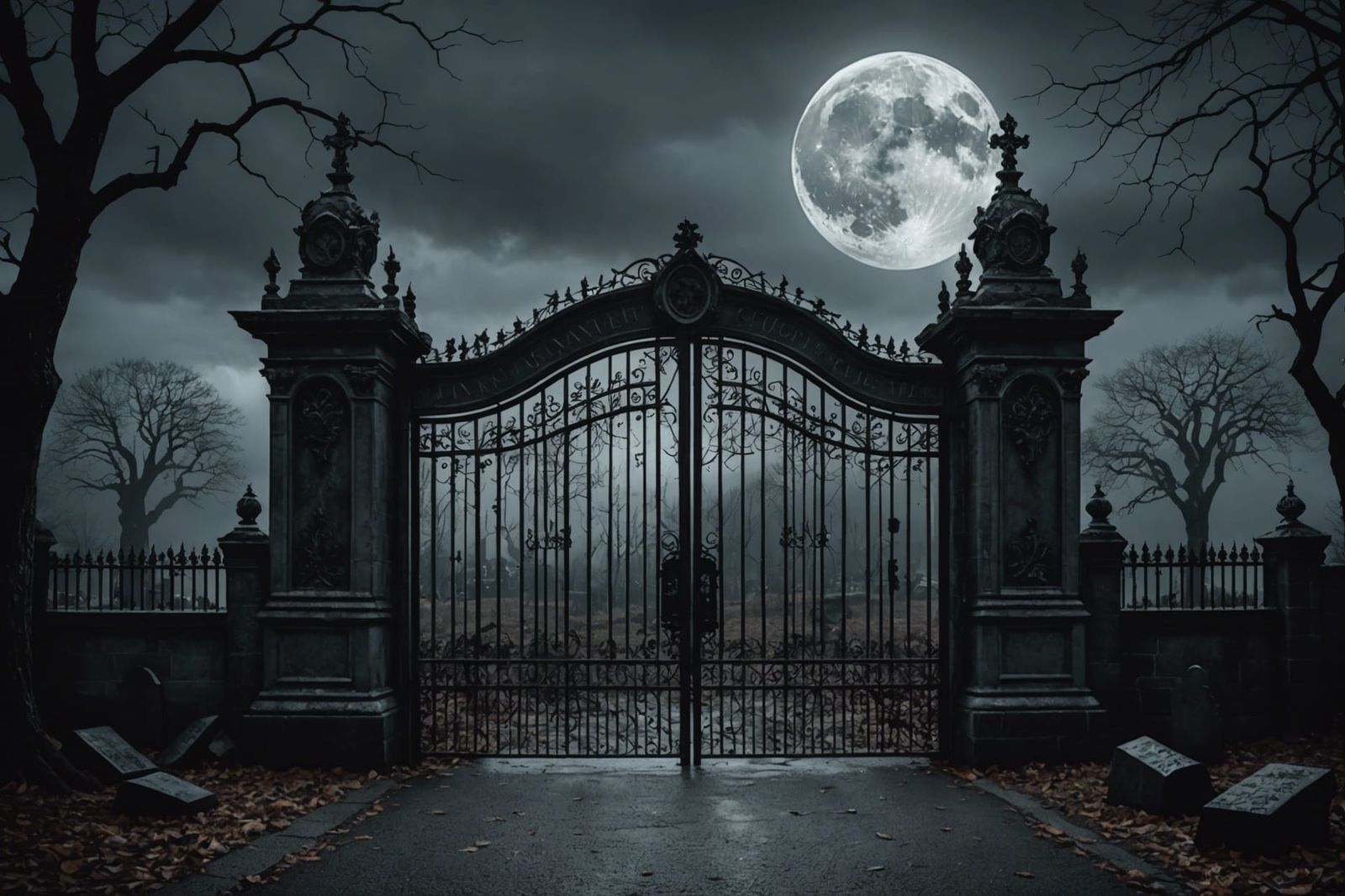 Epic gates crafted by ancient metalsmiths into a haunted graveyard ...