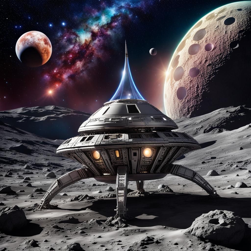 Photograph, Macro, miniature alien spaceship on the moon surface ...