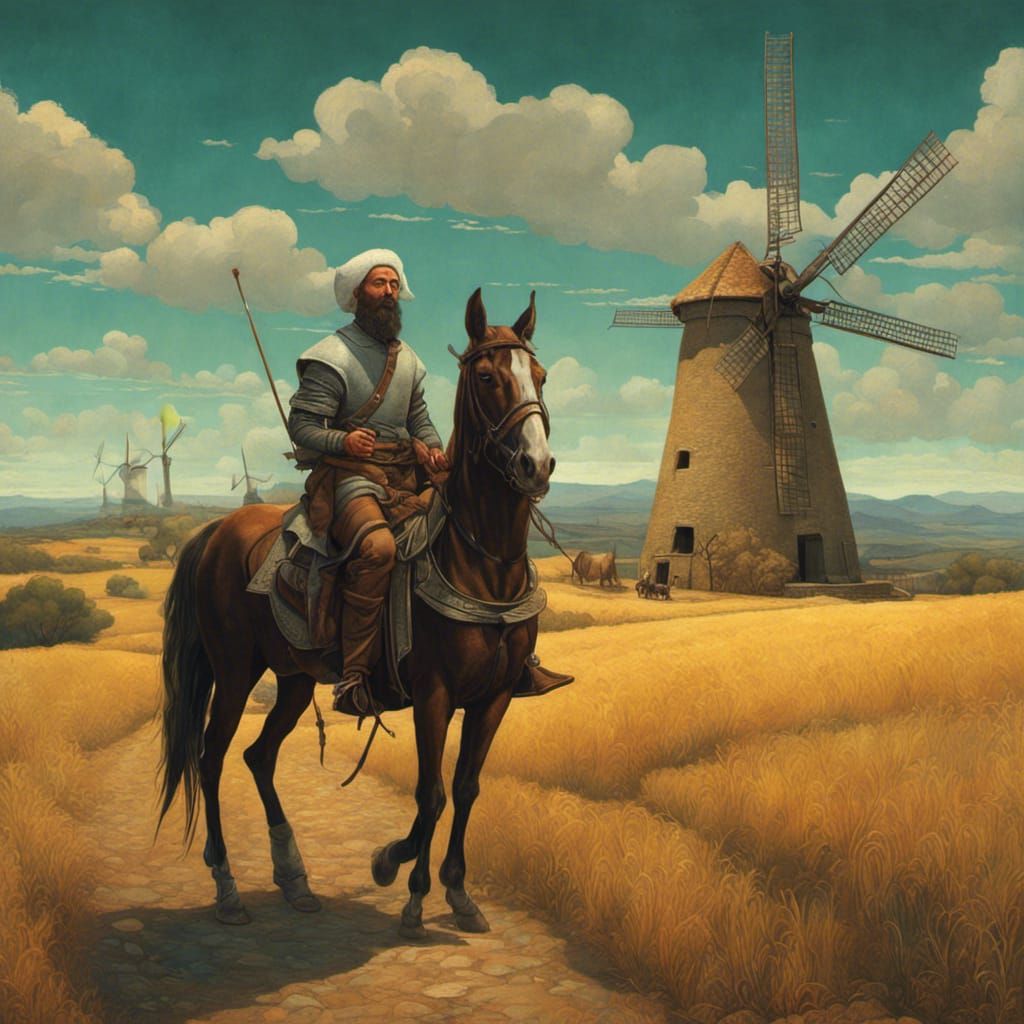 Don Quixote on his horse followed by Sancho on his donkey charging an ...