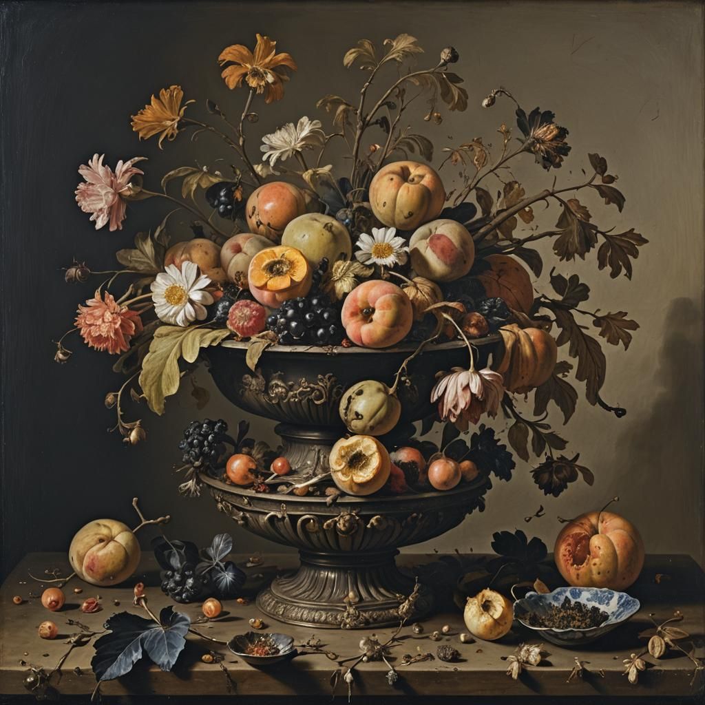 Adriaen van der Spelt dark still life of rotted fruit in a ornate bowl ...