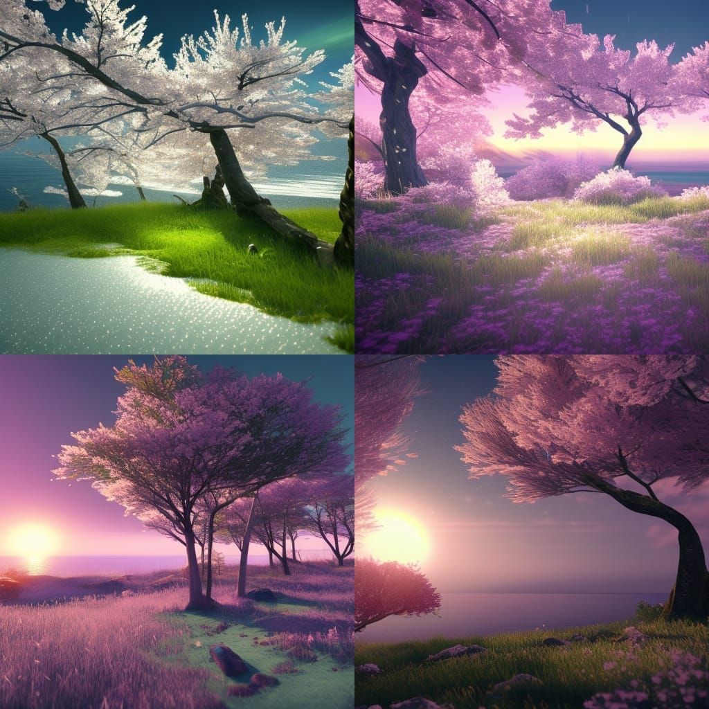 Norhern lights above cherry blossom tree forest next to the ocean - AI ...