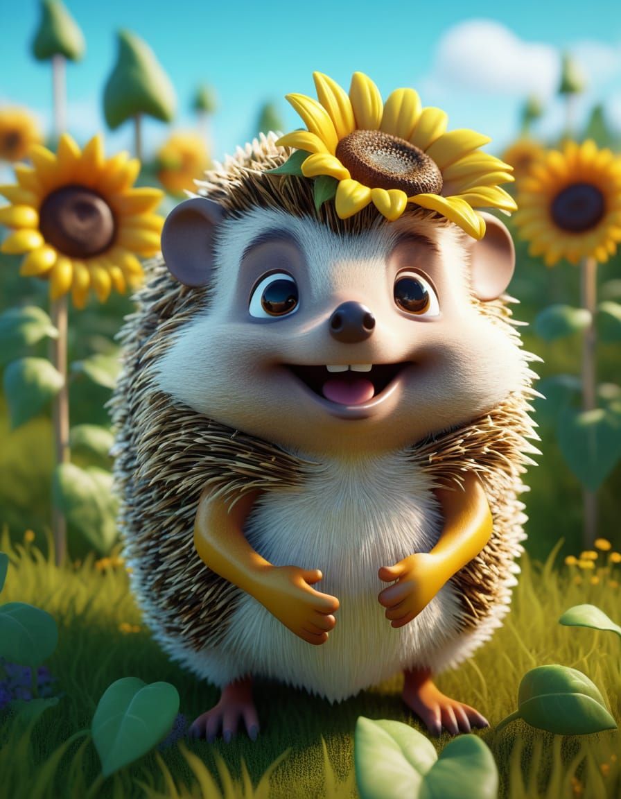 Surreal Sunflower Hedgehog in Vibrant Meadow - AI Art