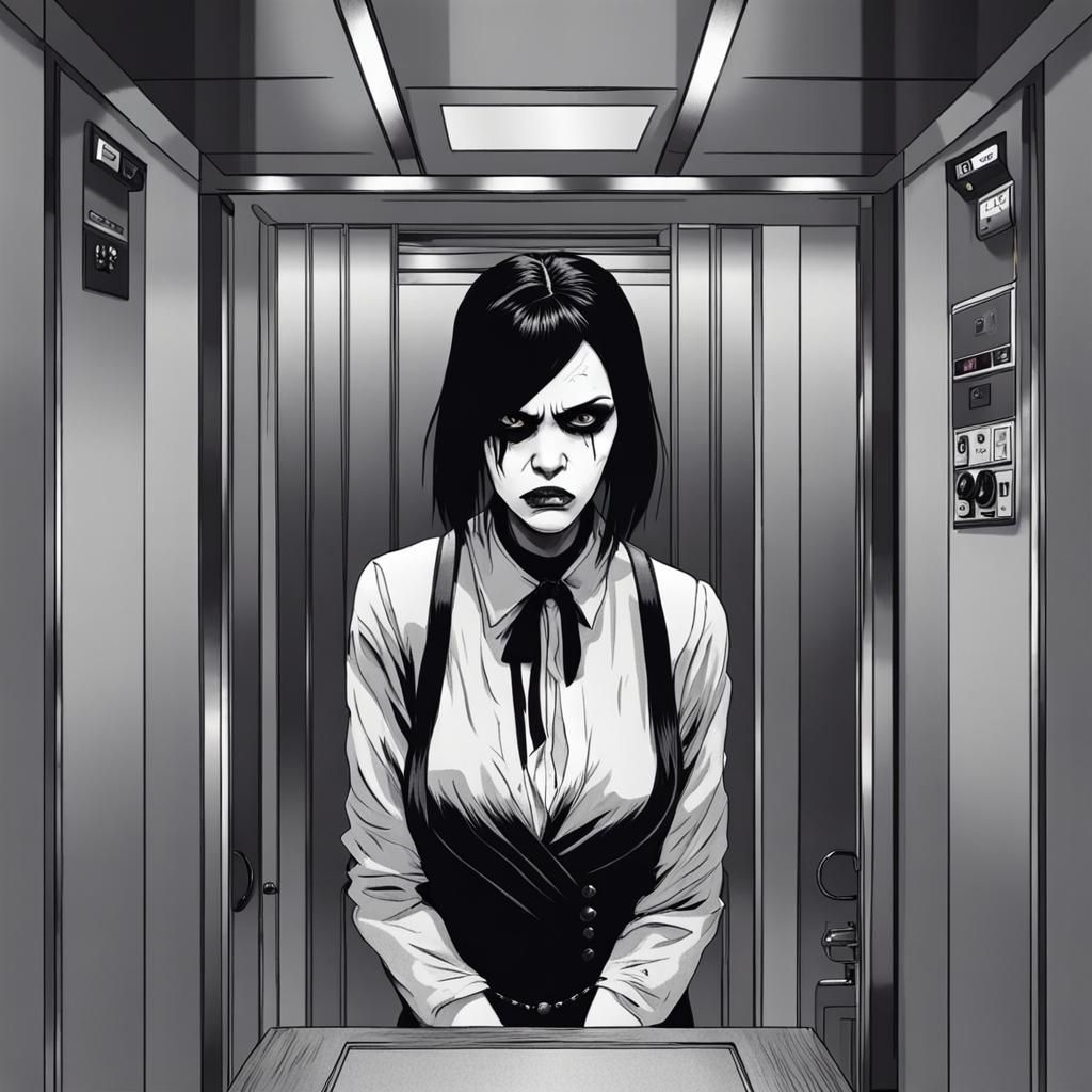 A scary angry goth woman seen in an elevator - AI Generated Artwork ...