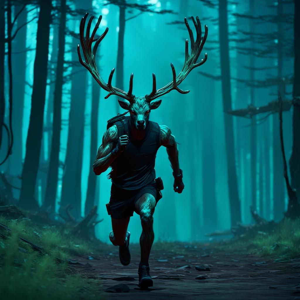 human with Antlers running in the wood like a deer - AI Generated ...