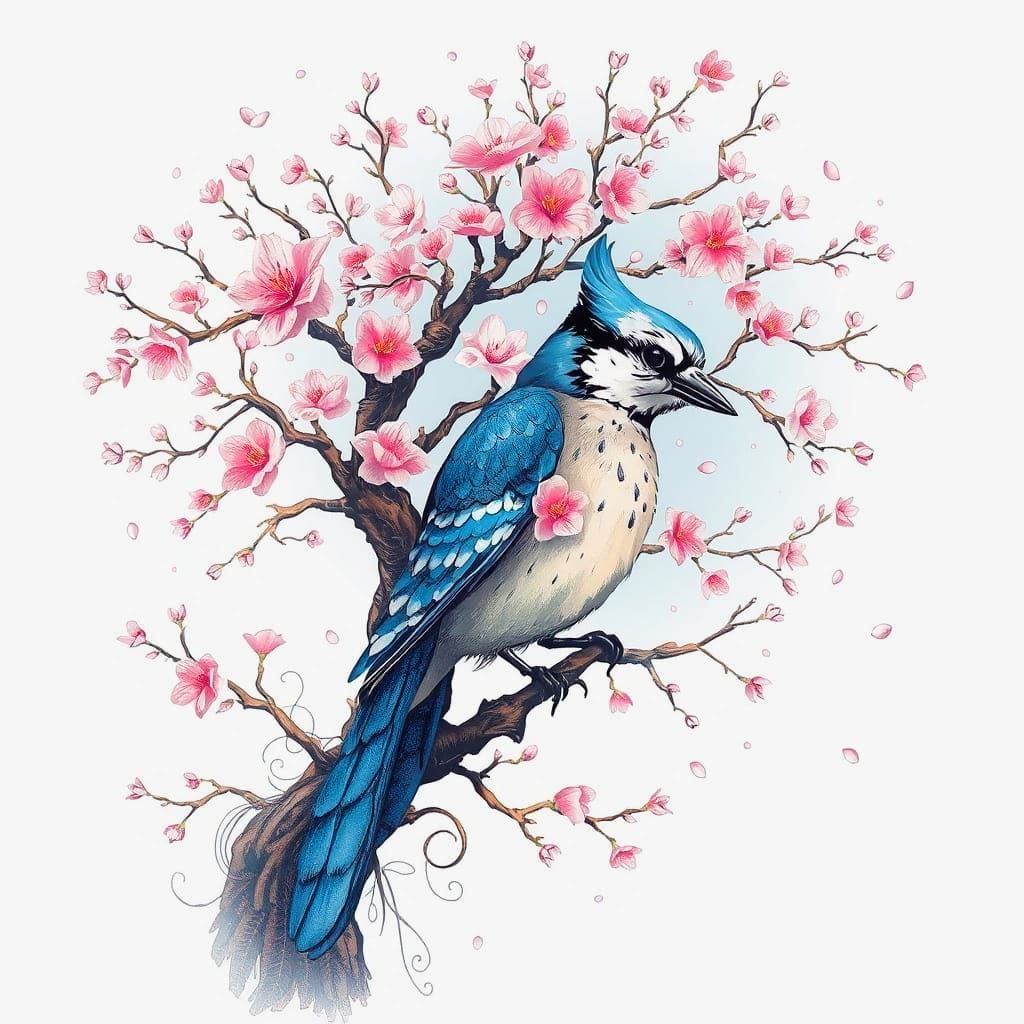 Blue Jay - Whimsical Blue Jay in Blossom Tree Wonderland
