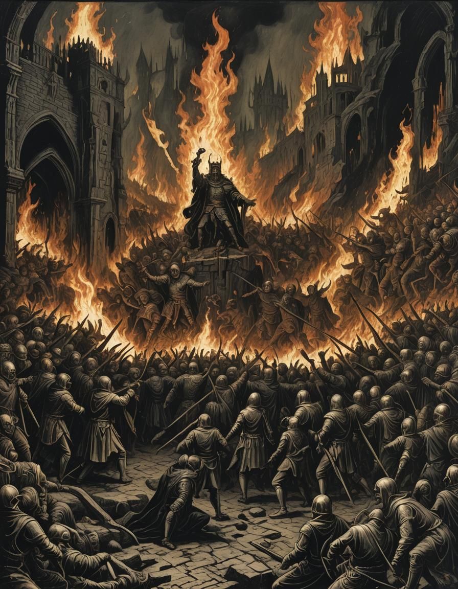 medieval woodcut illustration of hell full of sinners and demons in ...