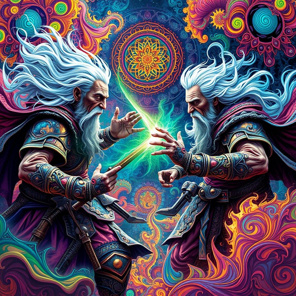Elderly Warriors Engage in Psychedelic Battle Amid... - AI Art