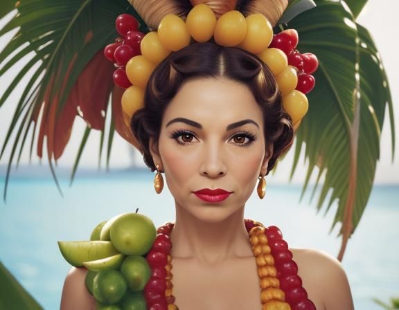 Carmen Miranda with her fruit turban on a Island Oasis. Chica chica ...
