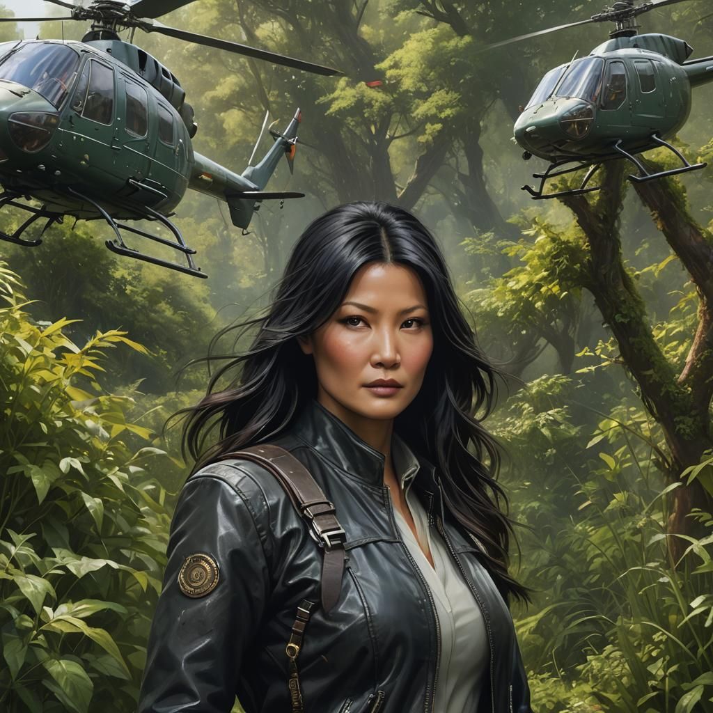 Kelly Hu dressed in leather steals a helicopter in a Bond film. Galium ...