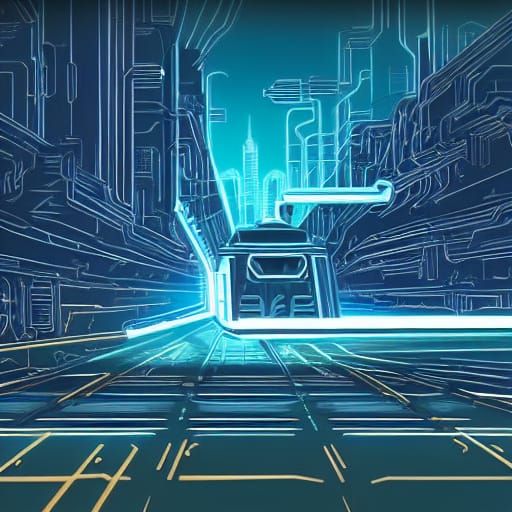 Futuristic Railgun on Silver Train in Neon Citysca... - AI Art