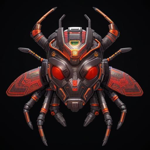A mechanical bug on a black background, Aztec patterns, bismuth ...