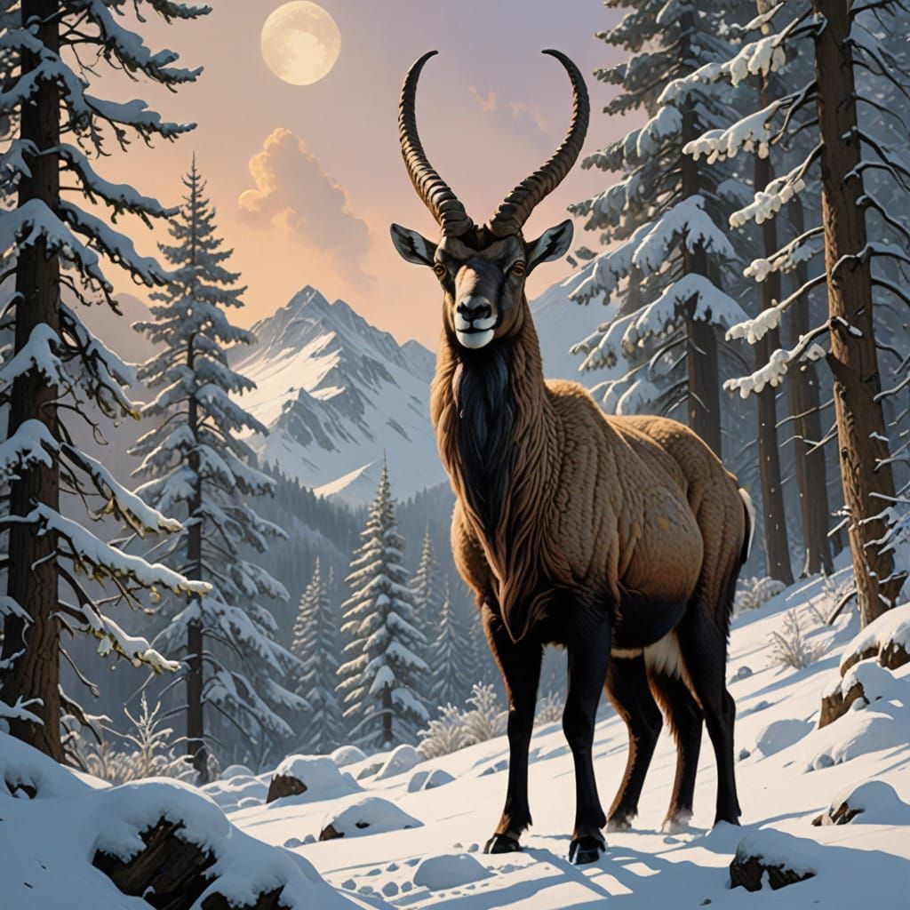 Pyrenean ibex with large, curved horns in a snowy fores...