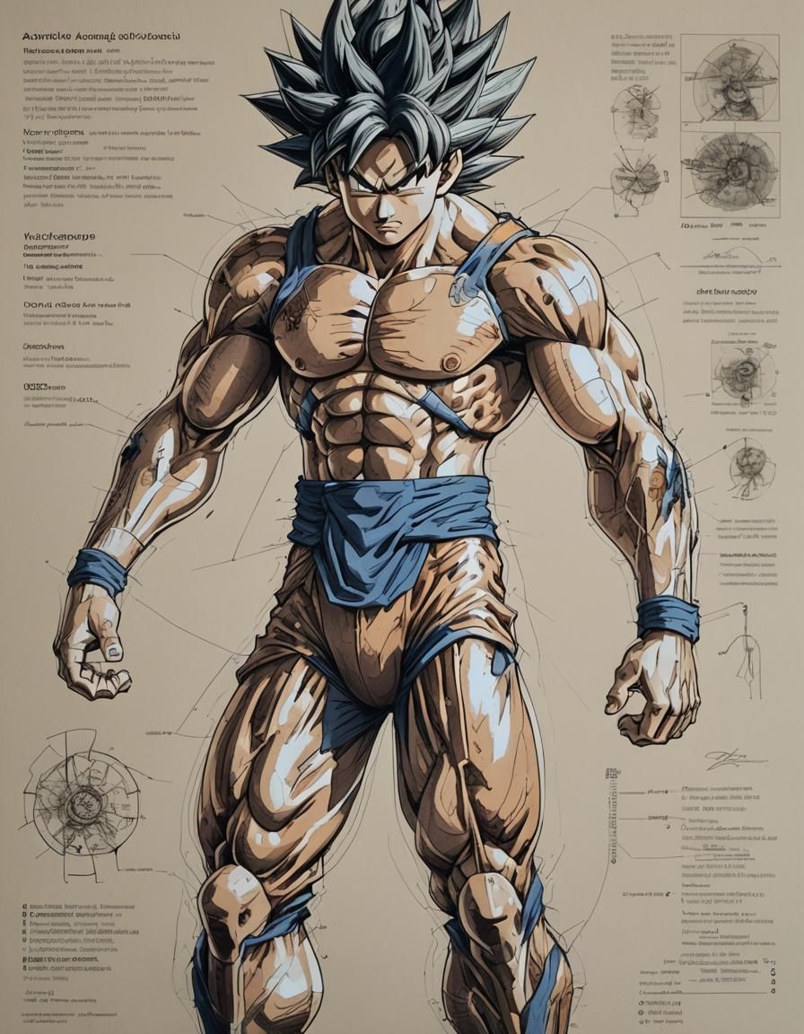 A biologycal anatomy sketch of a Goku by natgeo and akira_toriyama, ink ...