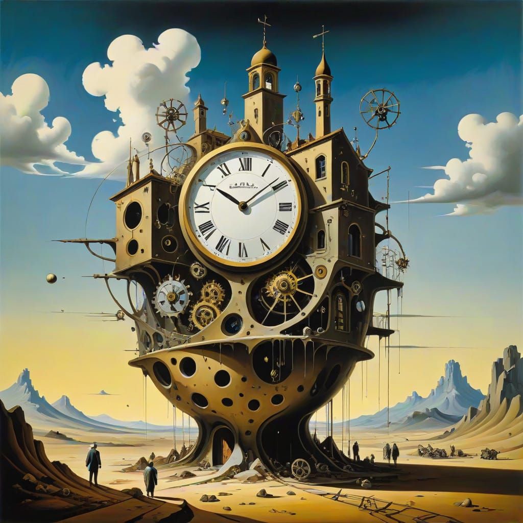 Surreal Clockwork Landscape in Dalí-Inspired Art - AI Art