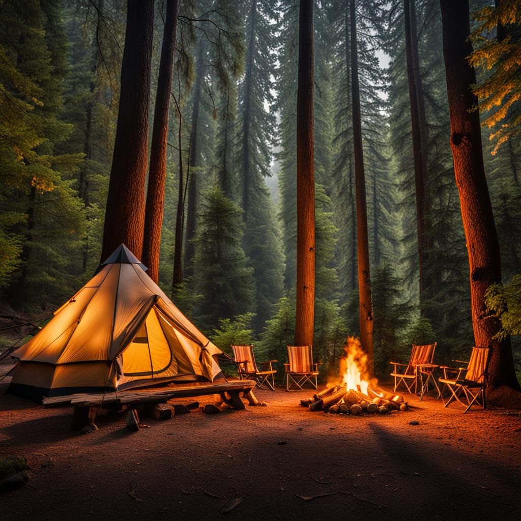a picturesque camping scene featuring a cozy tent pitched under a ...