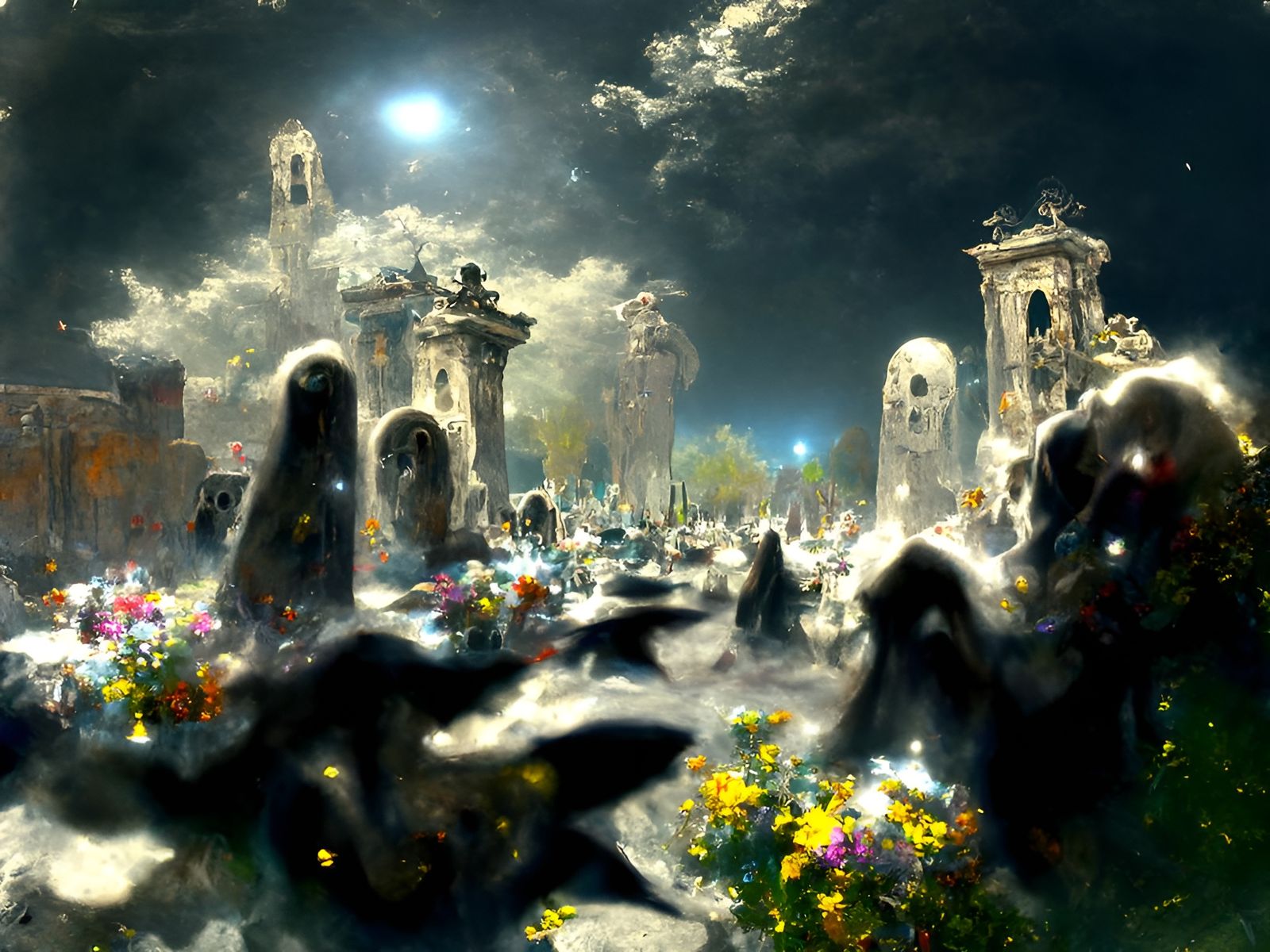 ancient ghosts hovering in a graveyard; shadow depth, colourful flowers ...