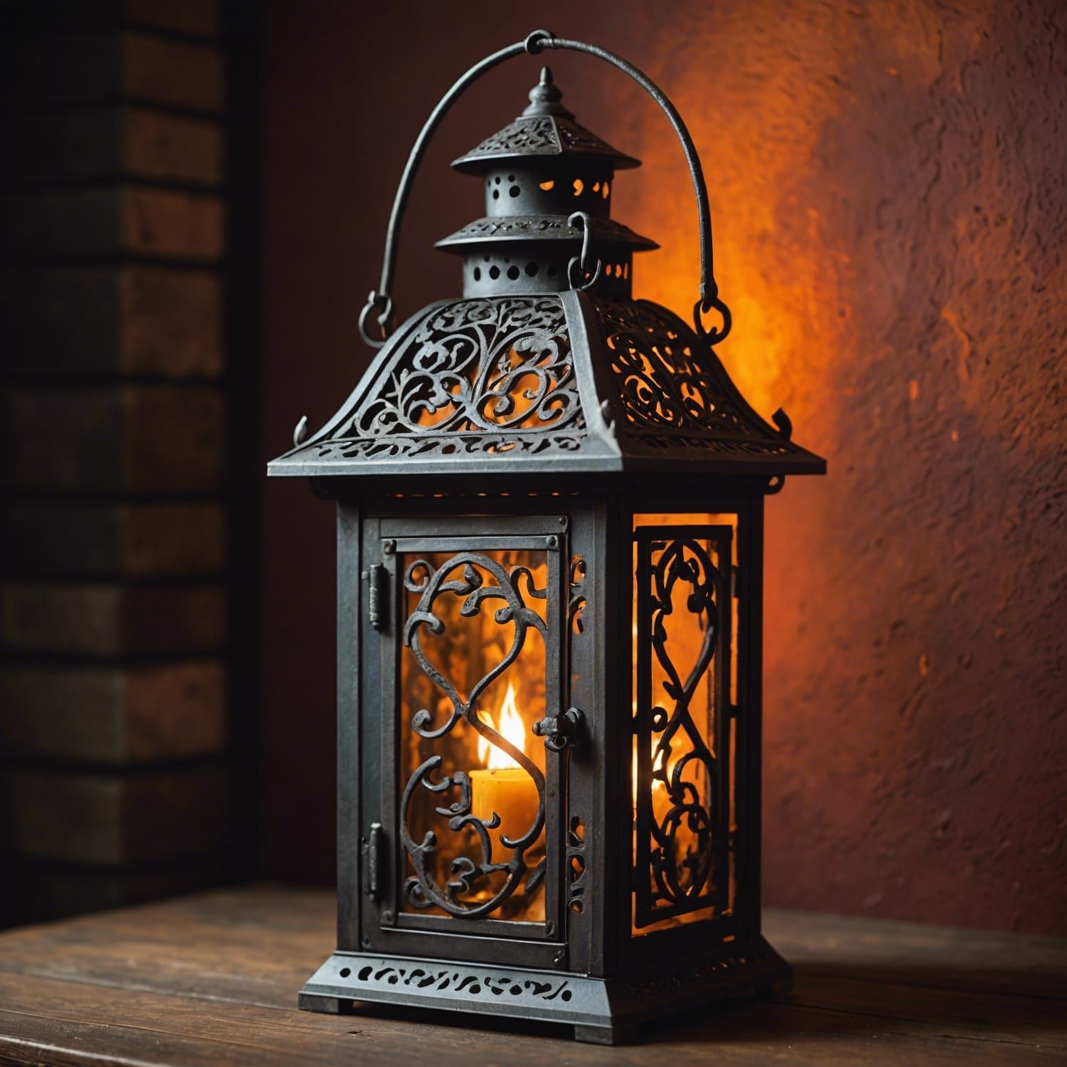 Intricate, delicate, hand-forged iron work lantern with glowing ember ...