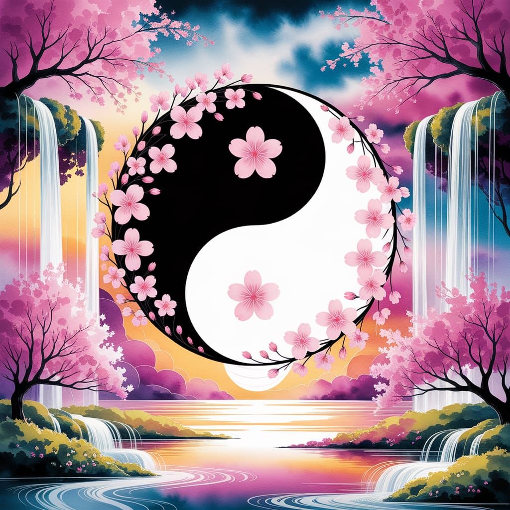 Cherry Blossom - Cherry Blossom Yin Yang Watercolor Oil Pai...