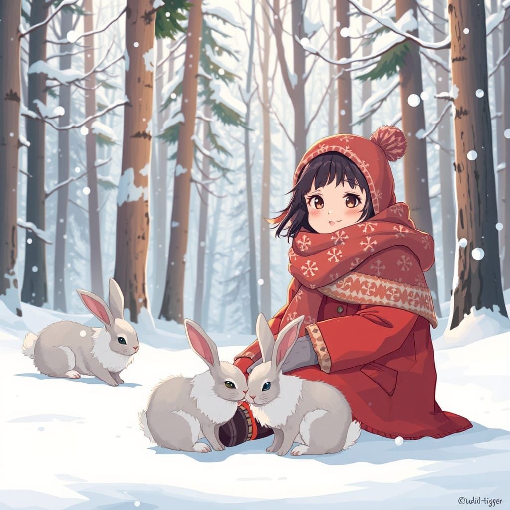 The girl and the hares - Serene Winter Scene in Vibrant Anim...