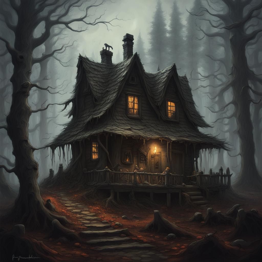Spooky cottage in a scary Forrest with chosts and witches - AI ...