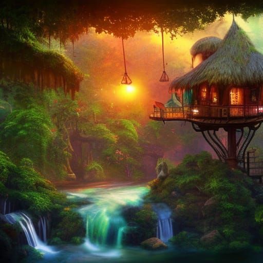 Treehouse Moonlit Lagoon - AI Generated Artwork - NightCafe Creator