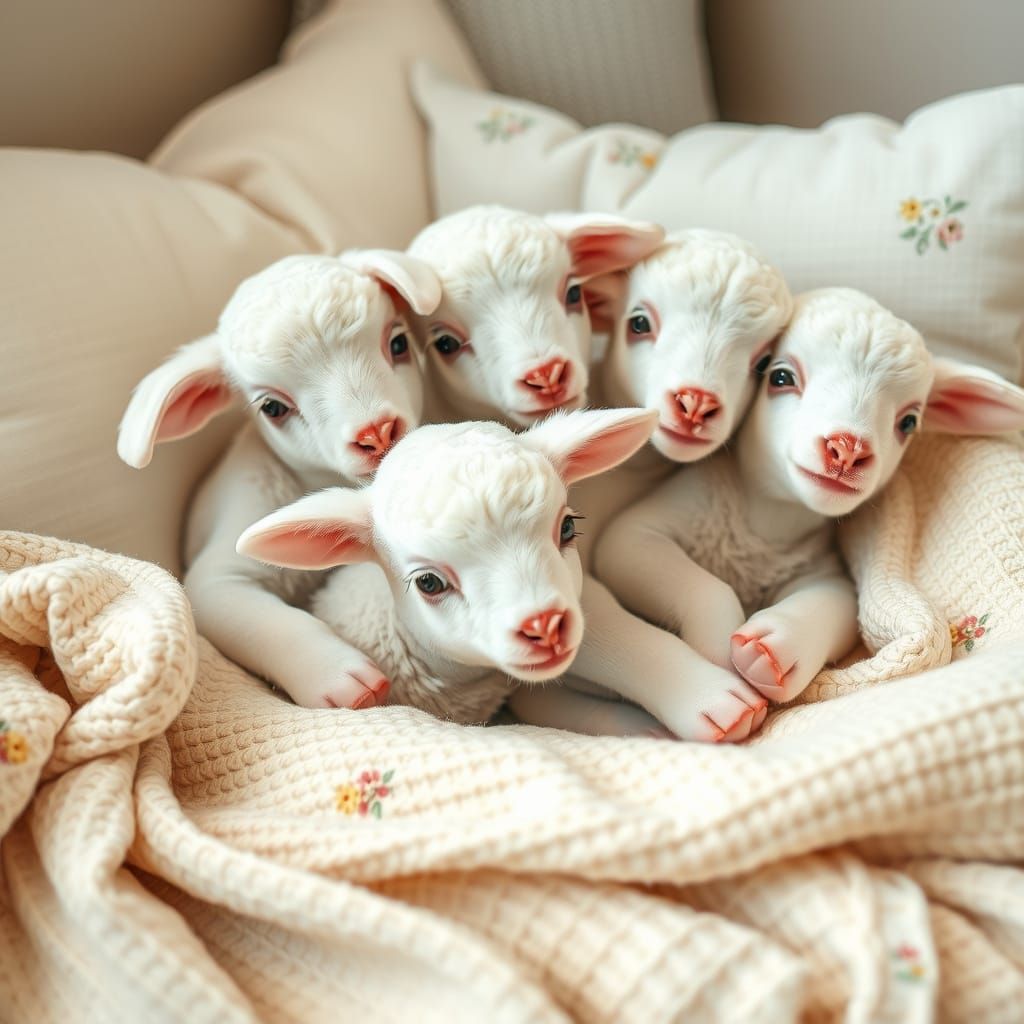 A group of five fluffy white lambs nestled together on a bed.