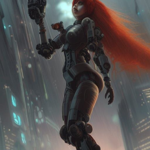 Junji Ito style, Curvy redhead, beautiful face, cyberpunk, cyborg ...