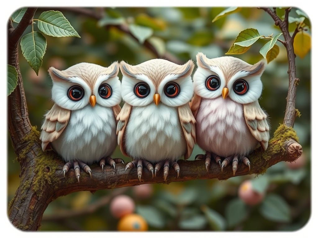 Three Whimsical Owls Perch on a Mossy Branch in a ... - AI Art